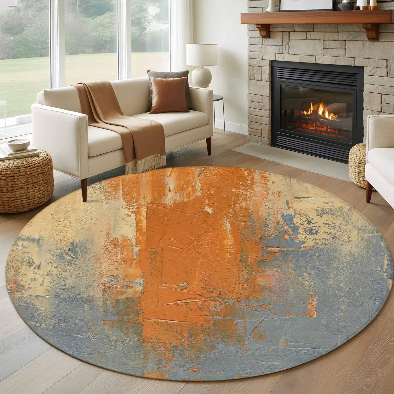 Abstract Art 5FT Round Area Rugs for Living Room Orange Grey Wall ...