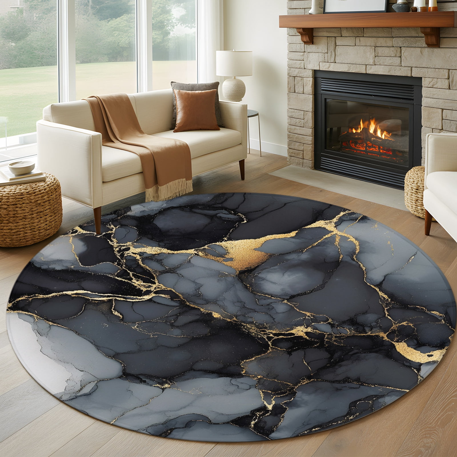 Abstract Art 6FT Round Area Rugs for Living Room Gold Grey Gradient ...