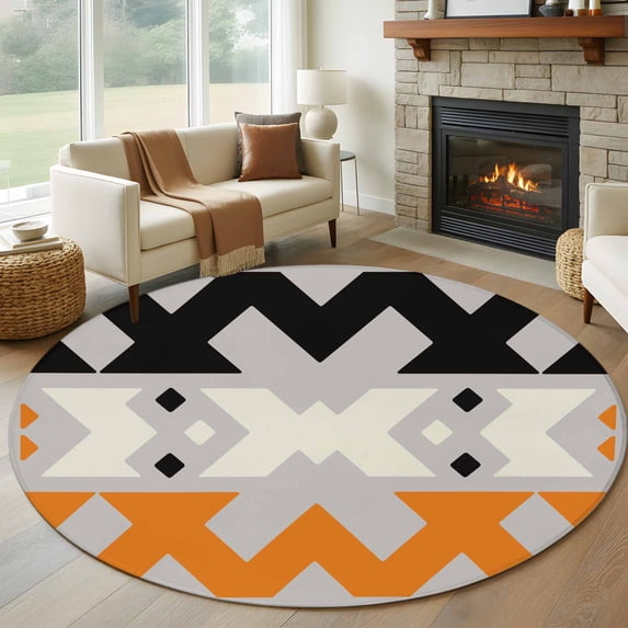Abstract Art 7FT Round Area Rugs for Living Room Blue Black Orange Line ...