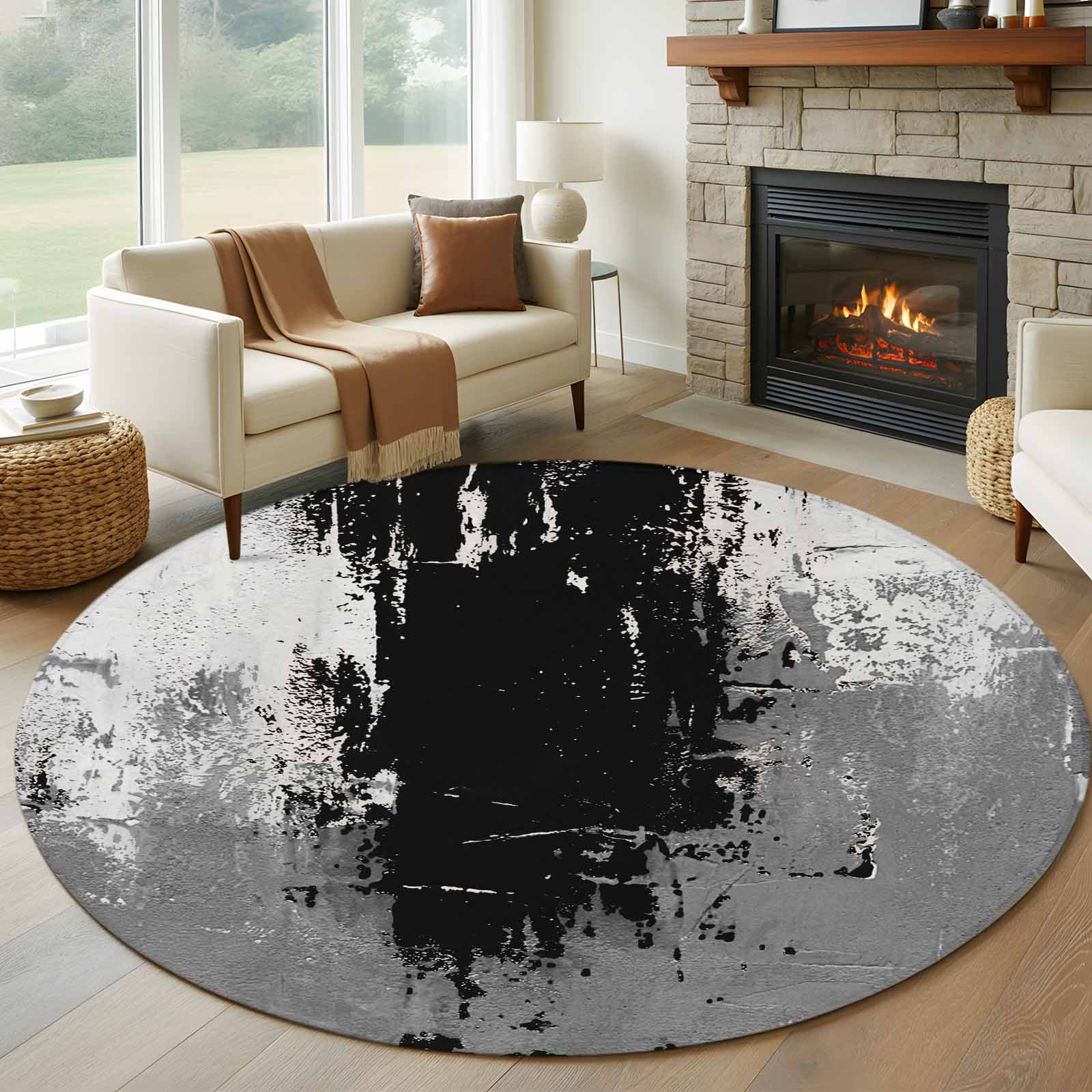 Abstract Art 8FT Round Area Rugs for Living Room Black Grey Wall ...