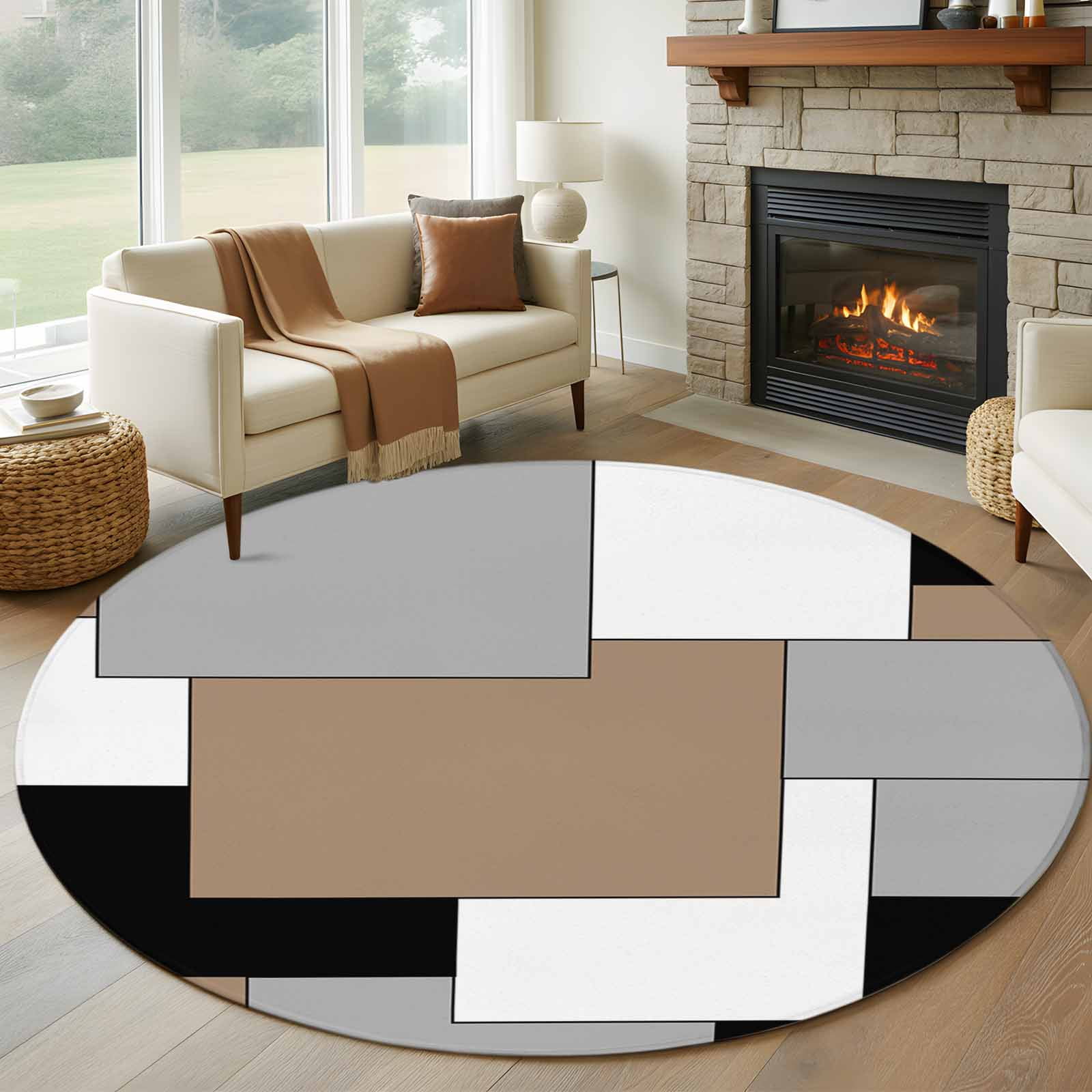 Abstract Art 8FT Round Area Rugs for Living Room Brown Black Gray ...