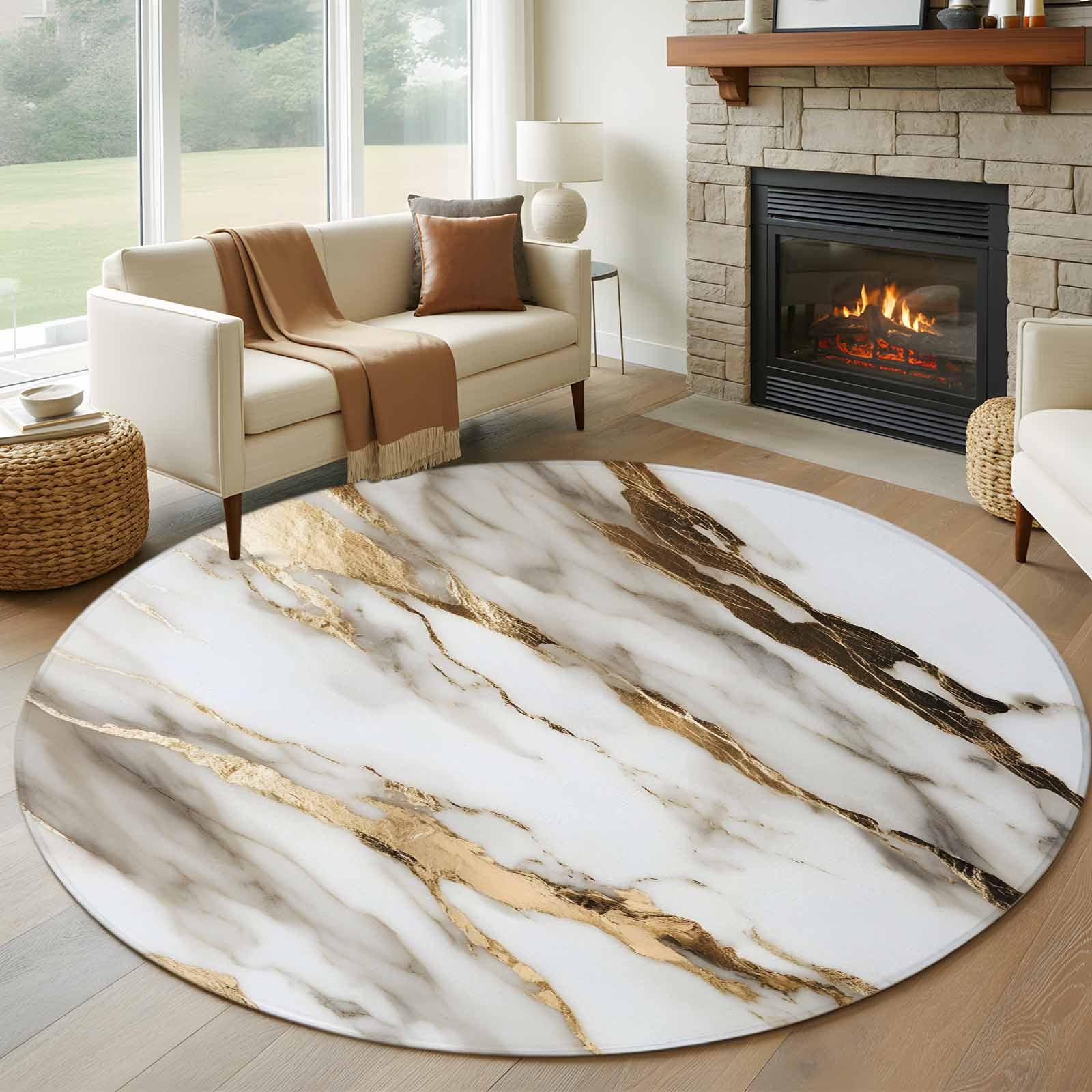 Abstract Art 8FT Round Area Rugs for Living Room Marble Texture White ...