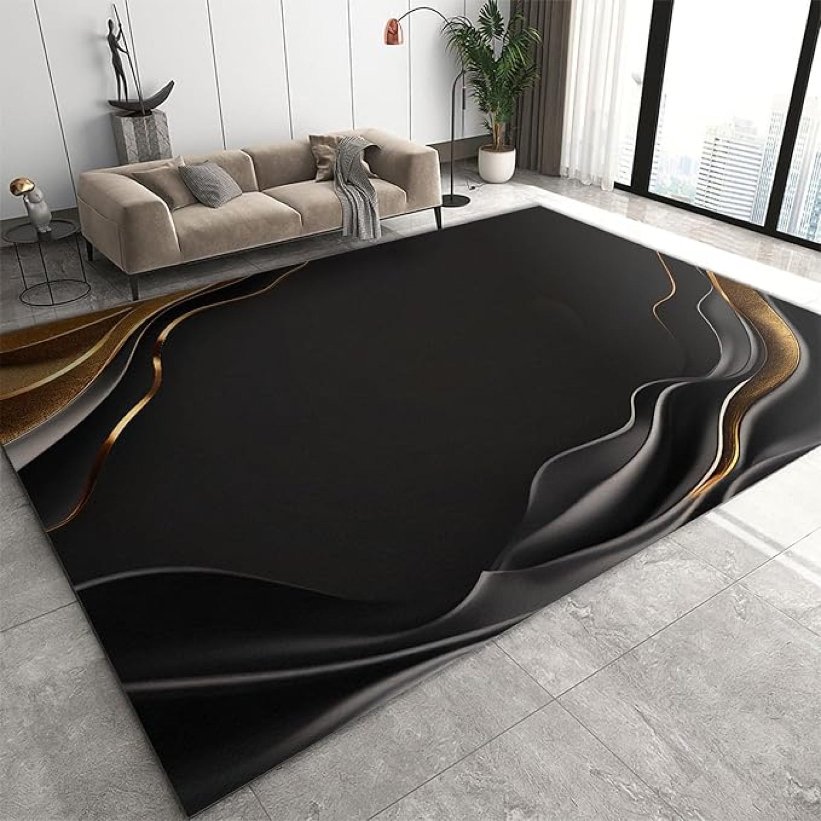 Abstract Art Area Rug, Black And Gold Wavy Lines Indoor Living Room ...