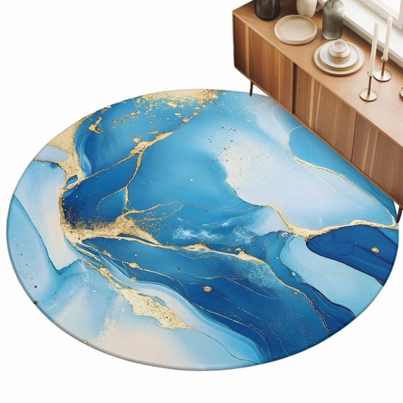 Abstract Art Area Rug, Blue Ombre Marble Stone Gold Cracks Modern Non ...