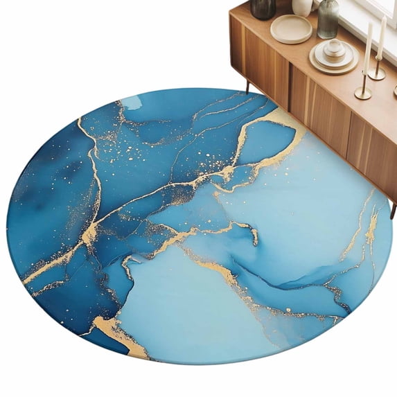 Abstract Art Area Rug, Teal Blue Marble Stone Gold Cracks Modern Non ...