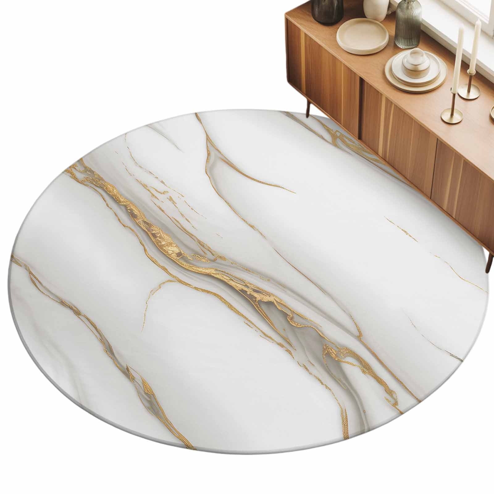 Abstract Art Area Rug, Vintage Gold White Marble Texture Non-Slip Felt ...