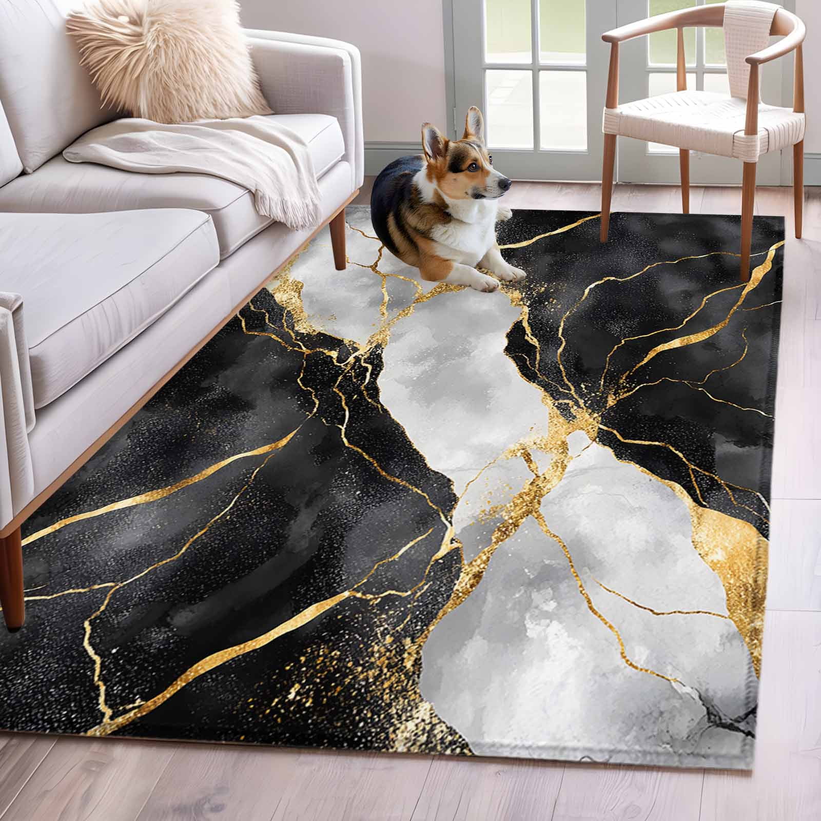 Abstract Art Area Rugs 3x5 ft Gold Black Water Ripple Gradient Marbling ...