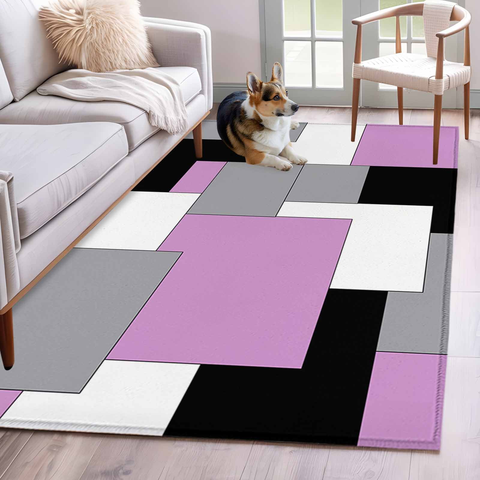 Abstract Art Area Rugs 3x5 ft Patchwork Pink Black and Grey Washable ...