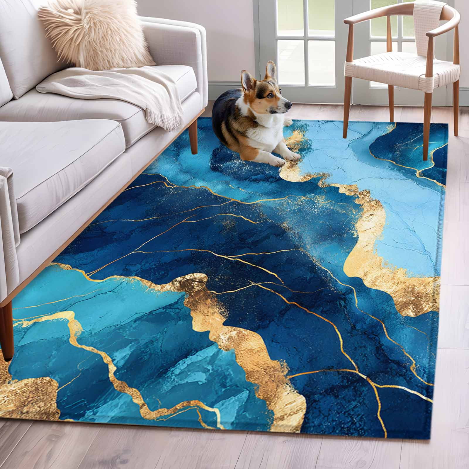 Abstract Art Area Rugs 3x5 ft Water Ripple Gold Blue Gradient Marbling ...