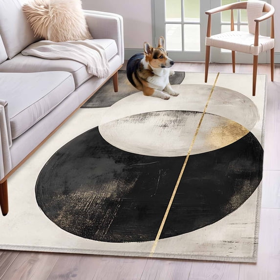 Abstract Art Area Rugs 4x6 ft Black White Circle Gold Striped Mottled ...