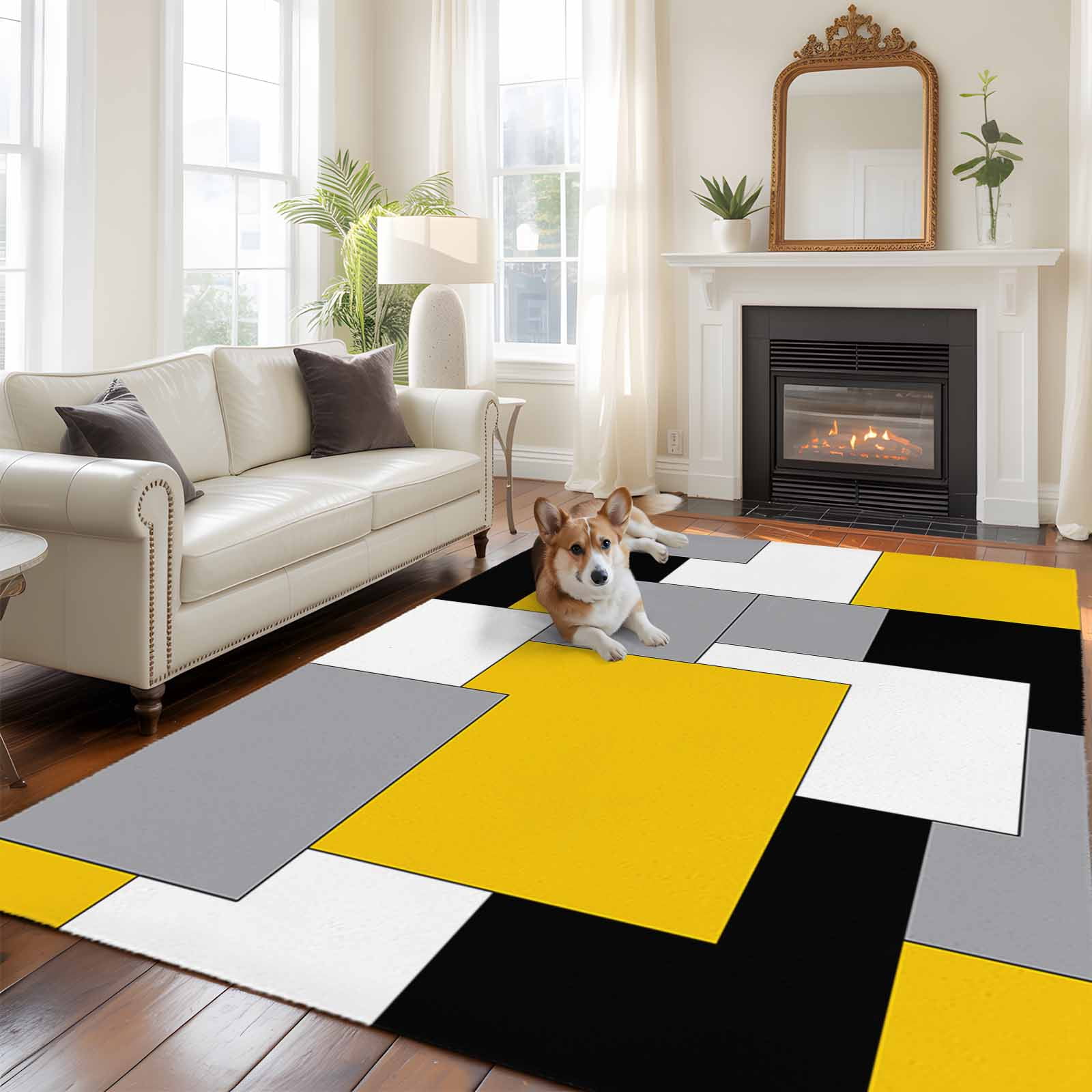 Abstract Art Area Rugs 5x7 ft Patchwork Black and Yellow Washable Rug ...