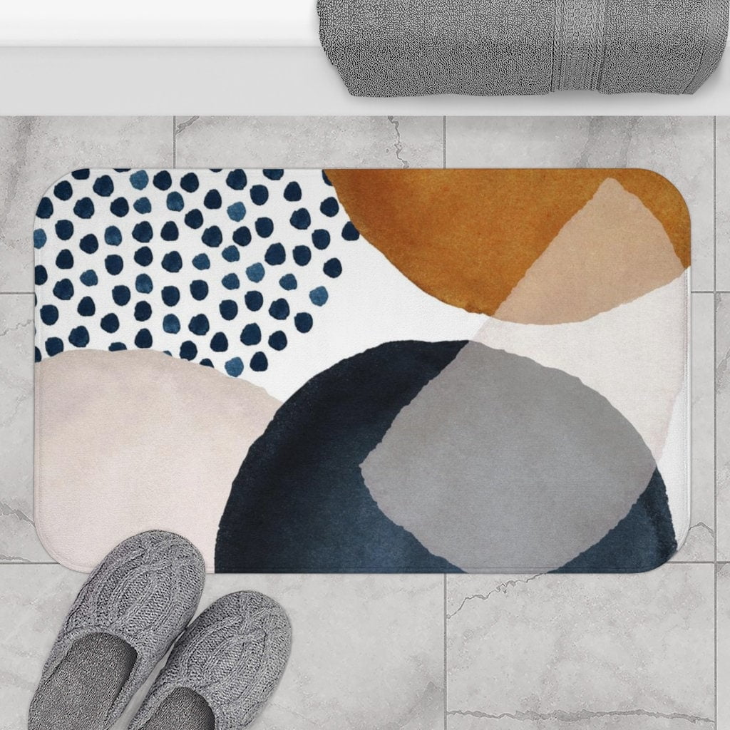 Abstract Art Bath Mat Non-slip Modern Boho Bath Mat Navy Blue Burnt ...