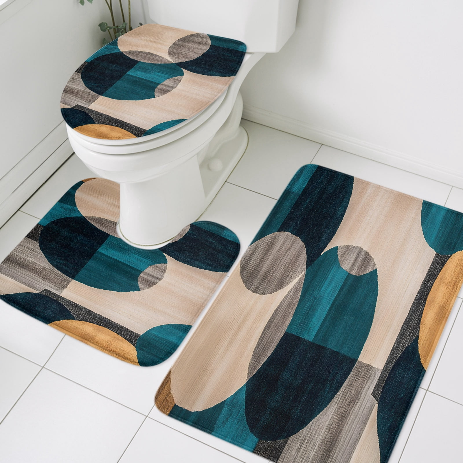 Abstract Art Bathroom Rugs Set Beige Blue Color Block Composition Non ...
