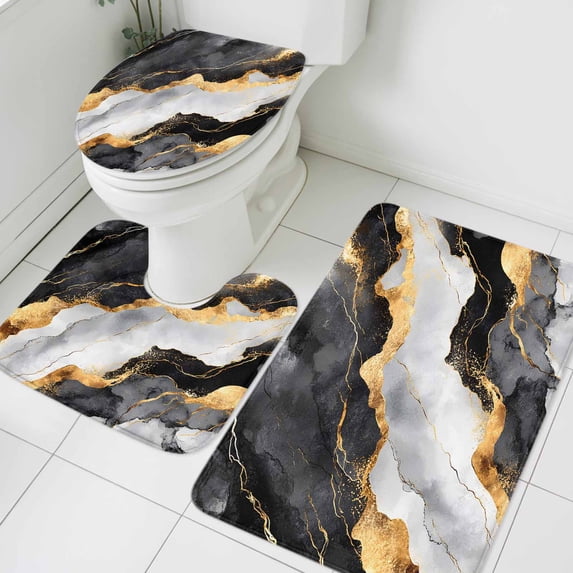 Abstract Art Bathroom Rugs Set Black Gold Water Ripple Gradient ...