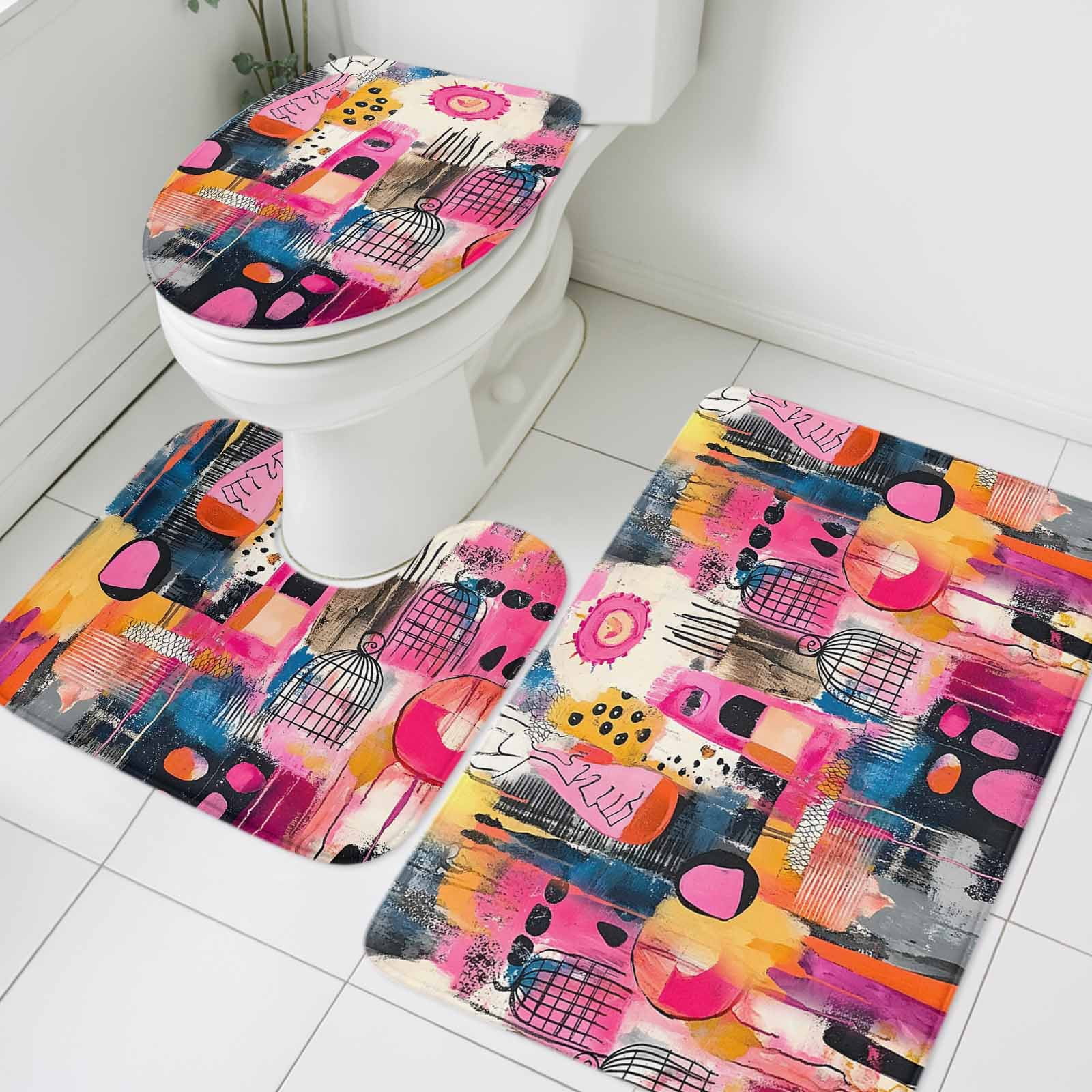 Abstract Art Bathroom Rugs Set Black Pink Line Color Block Collage Art ...