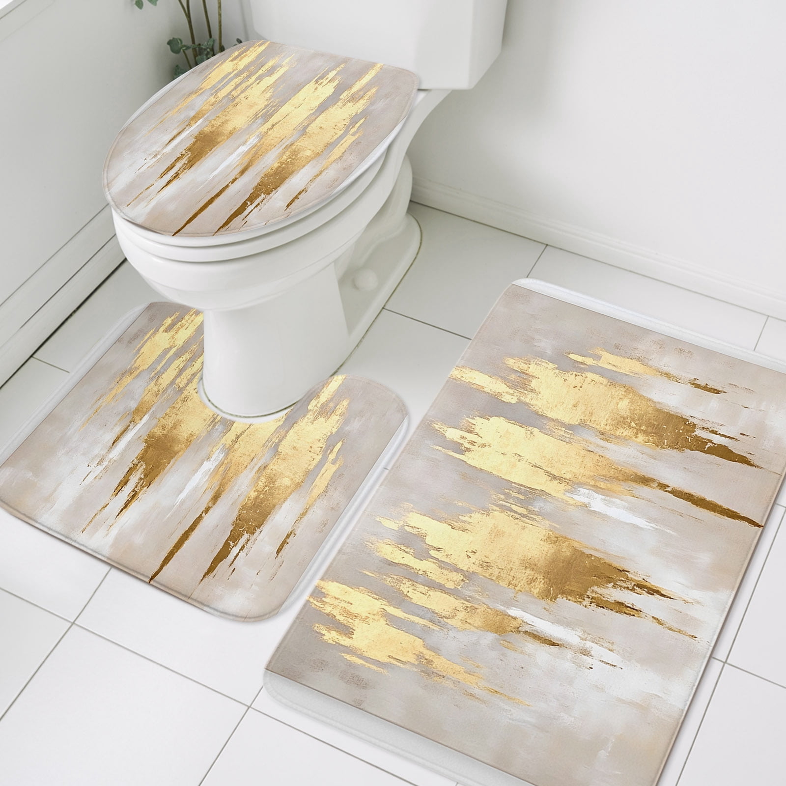 Abstract Art Bathroom Rugs Set Gold Color Block Brown Back ...