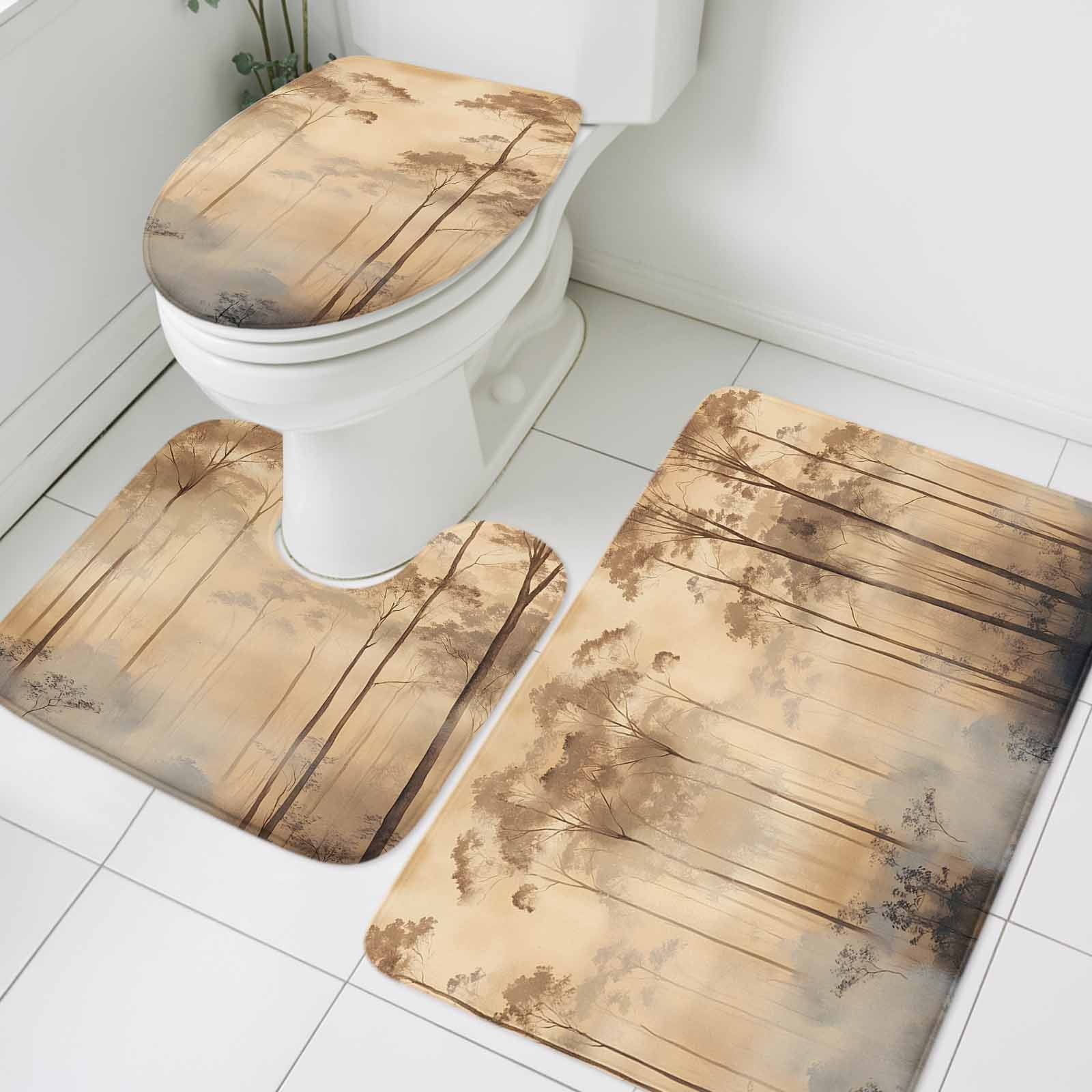Abstract Art Bathroom Rugs Set Impressionist Style Brown Forest Trees ...