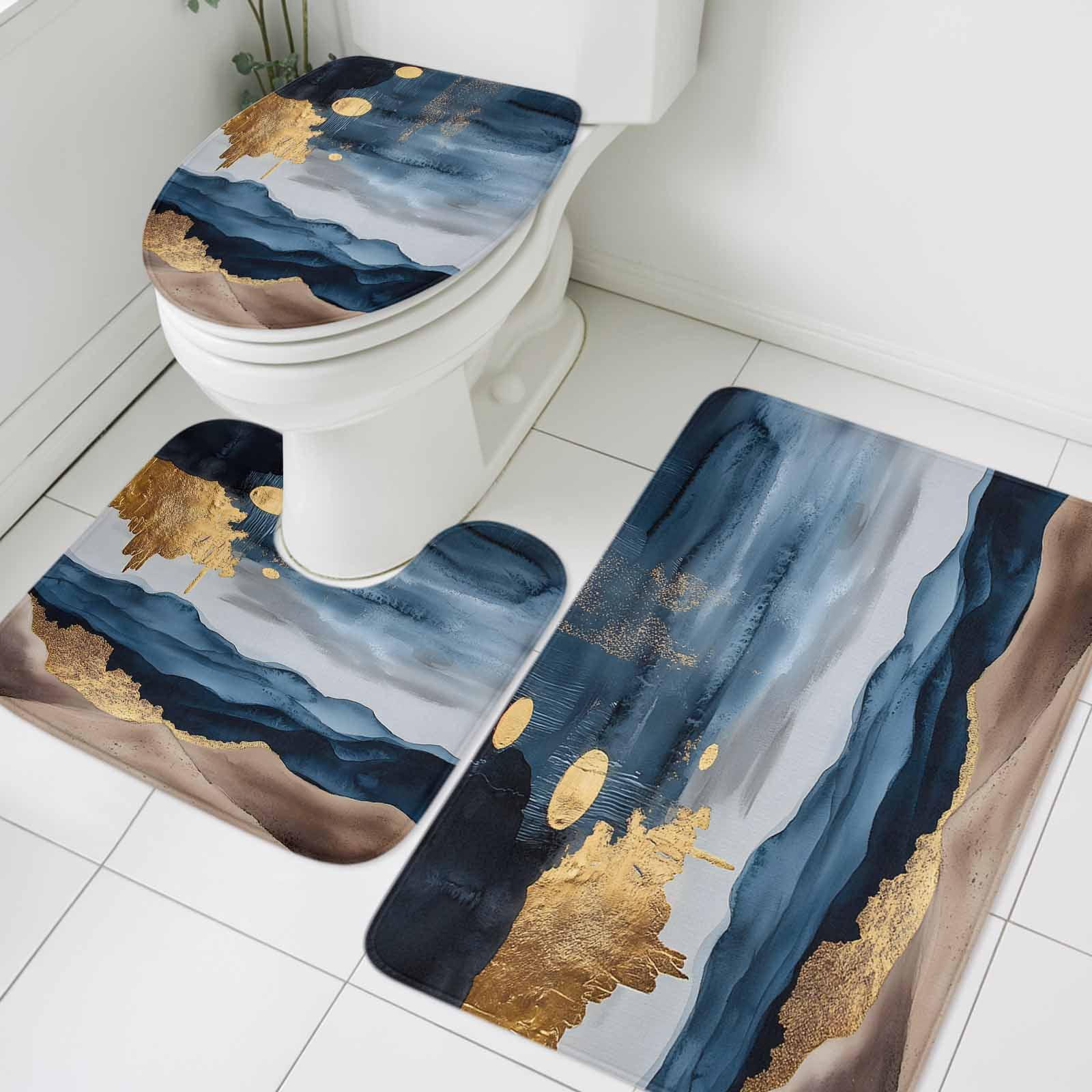 Abstract Art Bathroom Rugs Set Modern Blue Gold Color Block Collage Art ...