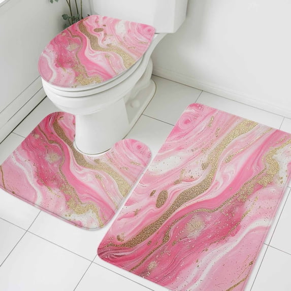 Abstract Art Bathroom Rugs Set Modernism Pink Gold Water Ripple Non ...