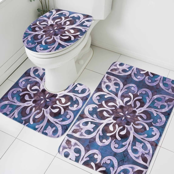 Abstract Art Bathroom Rugs Set Purple Flowers Simple Style Design Non ...