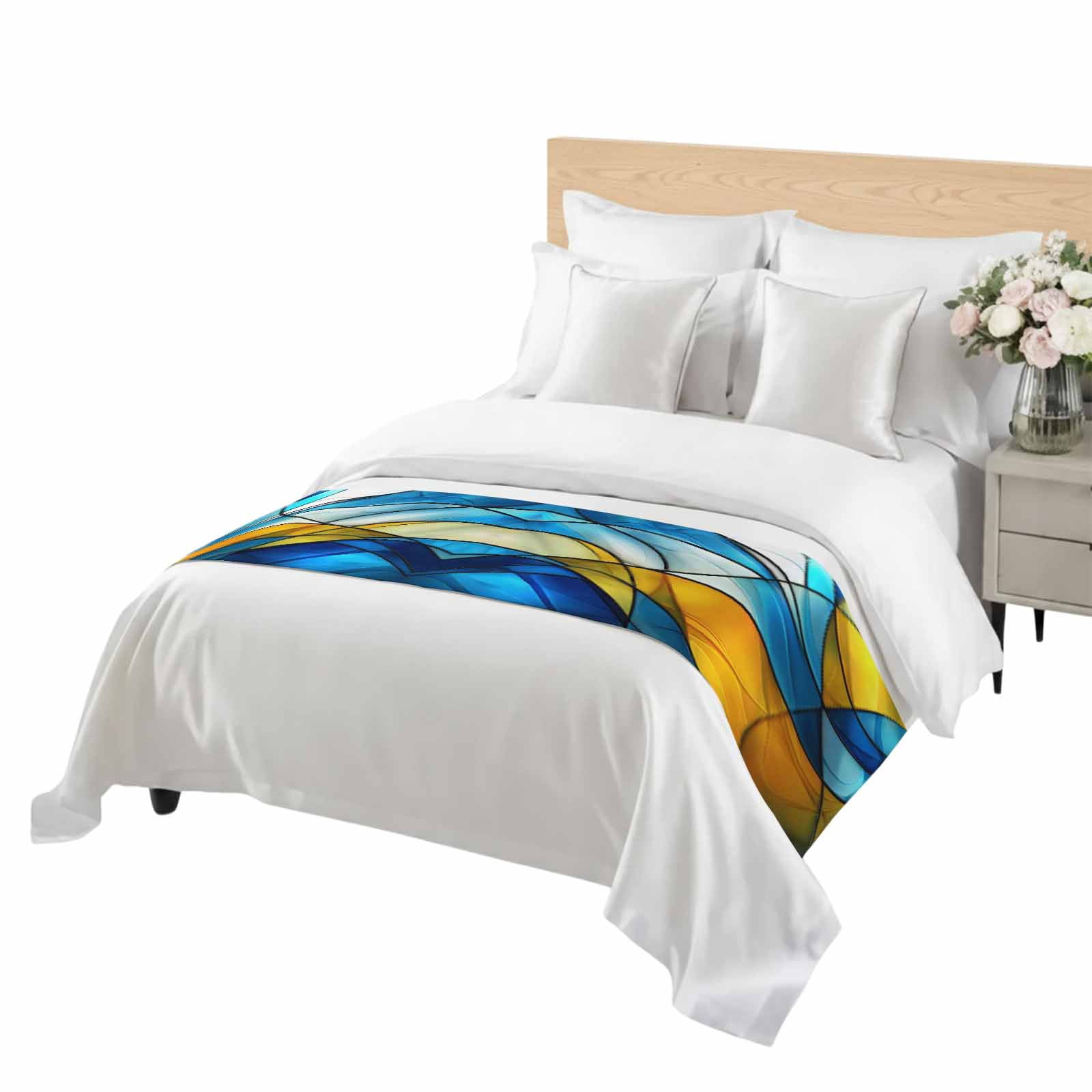 Abstract Art Bed Runner King Size Blue Yellow Gradient Wavy Lines ...