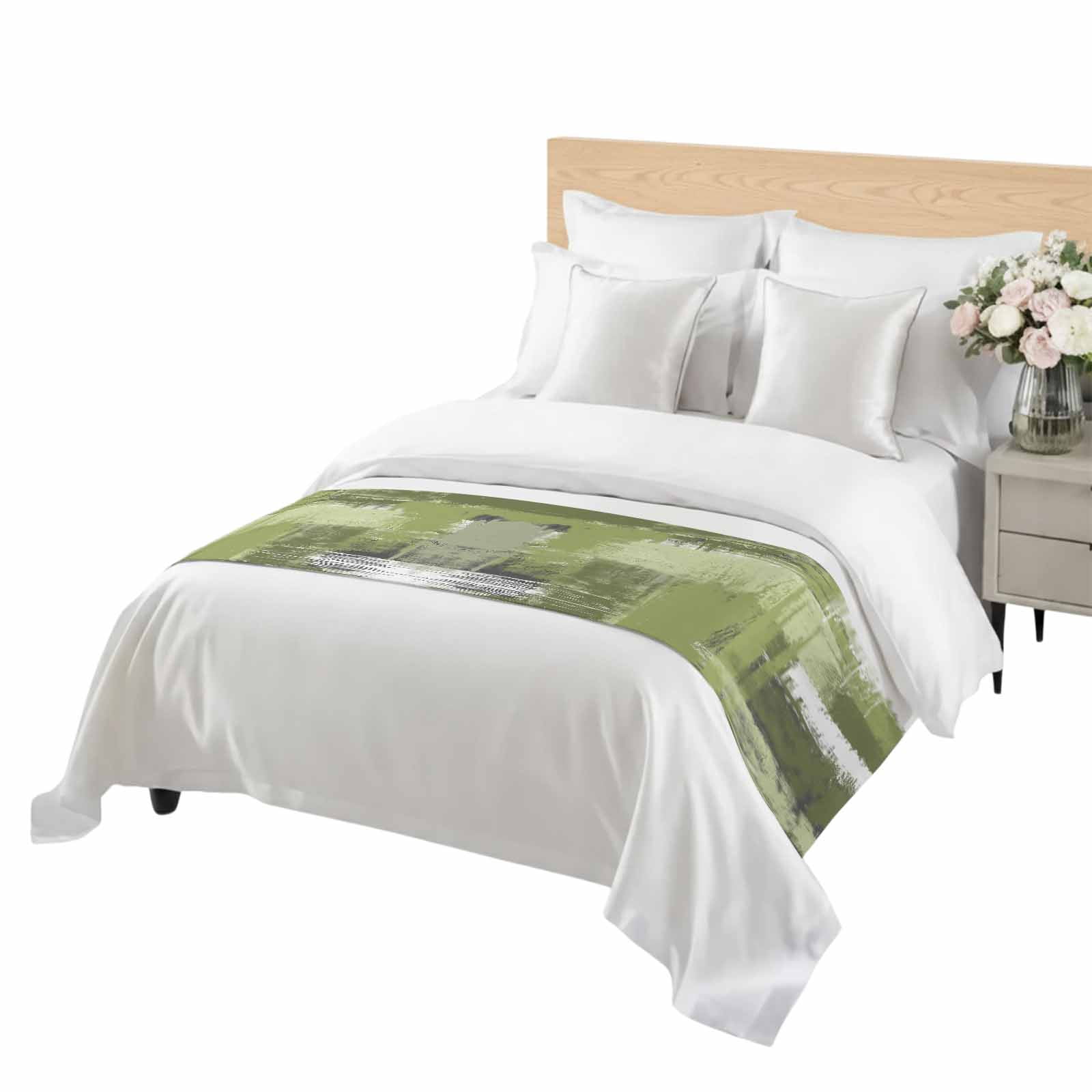 Abstract Art Bed Runner King Size Sage Green Mottled Color Block Oil ...