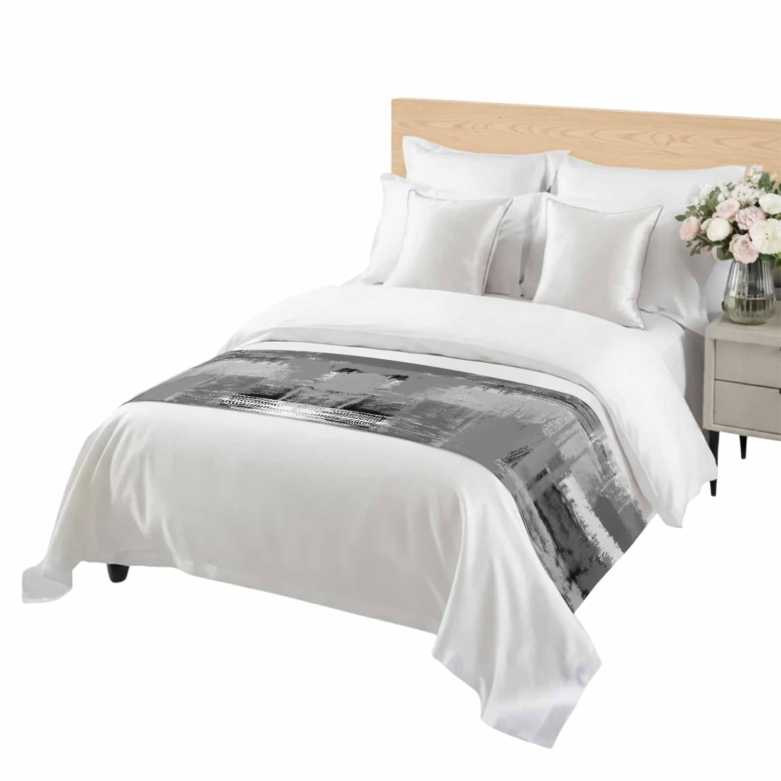Abstract Art Bed Runner Queen Size Gray White Mottled Color Block Oil ...