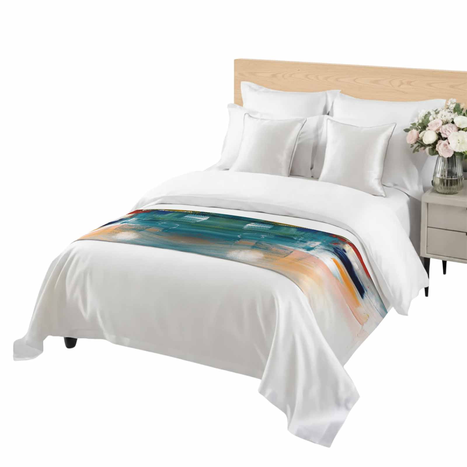 Abstract Art Bed Runner Queen Size Turquoise Orange Paint Texture ...