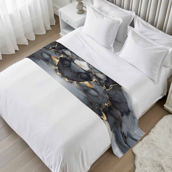 Abstract Art Bed Runner Scarf, Gold Grey Gradient Marble Texture Queen ...