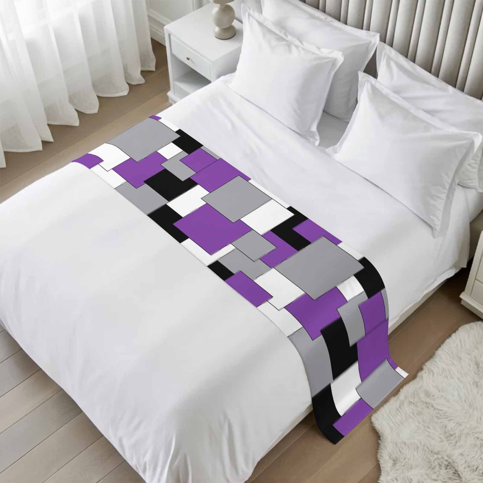 Abstract Art Bed Runner Scarf, Patchwork Purple Black and Grey Twin Bed ...