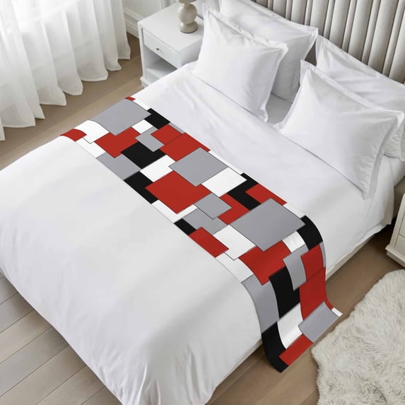 Abstract Art Bed Runner Scarf, Patchwork Red Black and Grey Full Bed ...