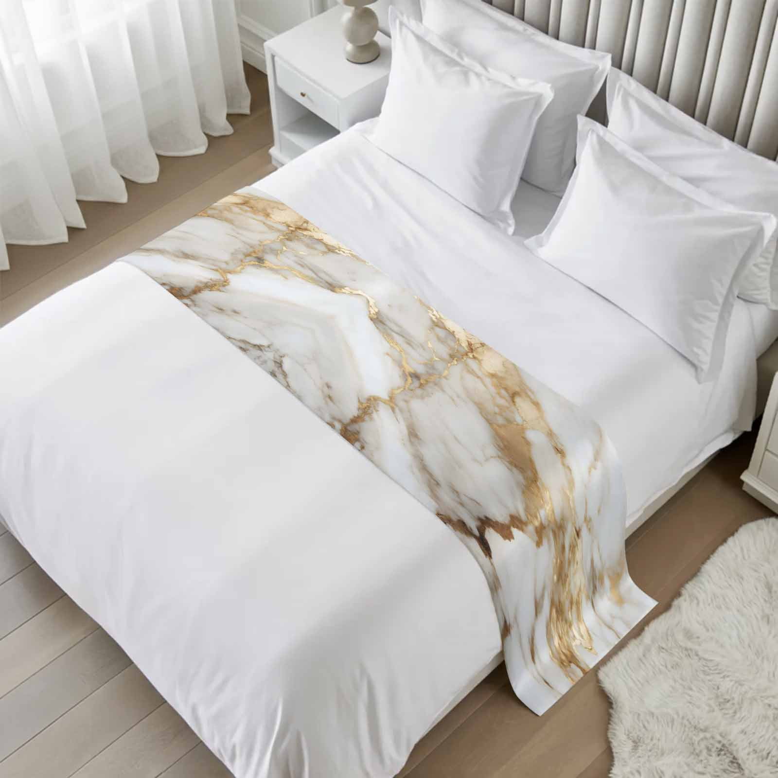 Abstract Art Bed Runner Scarf, White Marble Pattern Gold Crack Rock ...