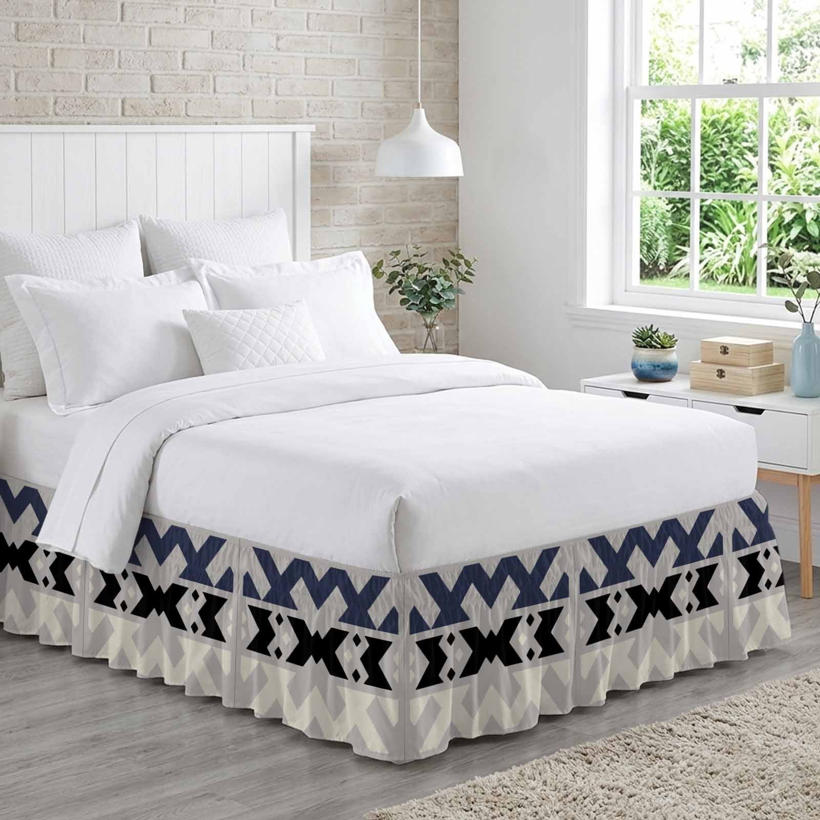 Abstract Art Bed Skirt Queen Size 16 Inch Drop, Blue Black Beige Line ...