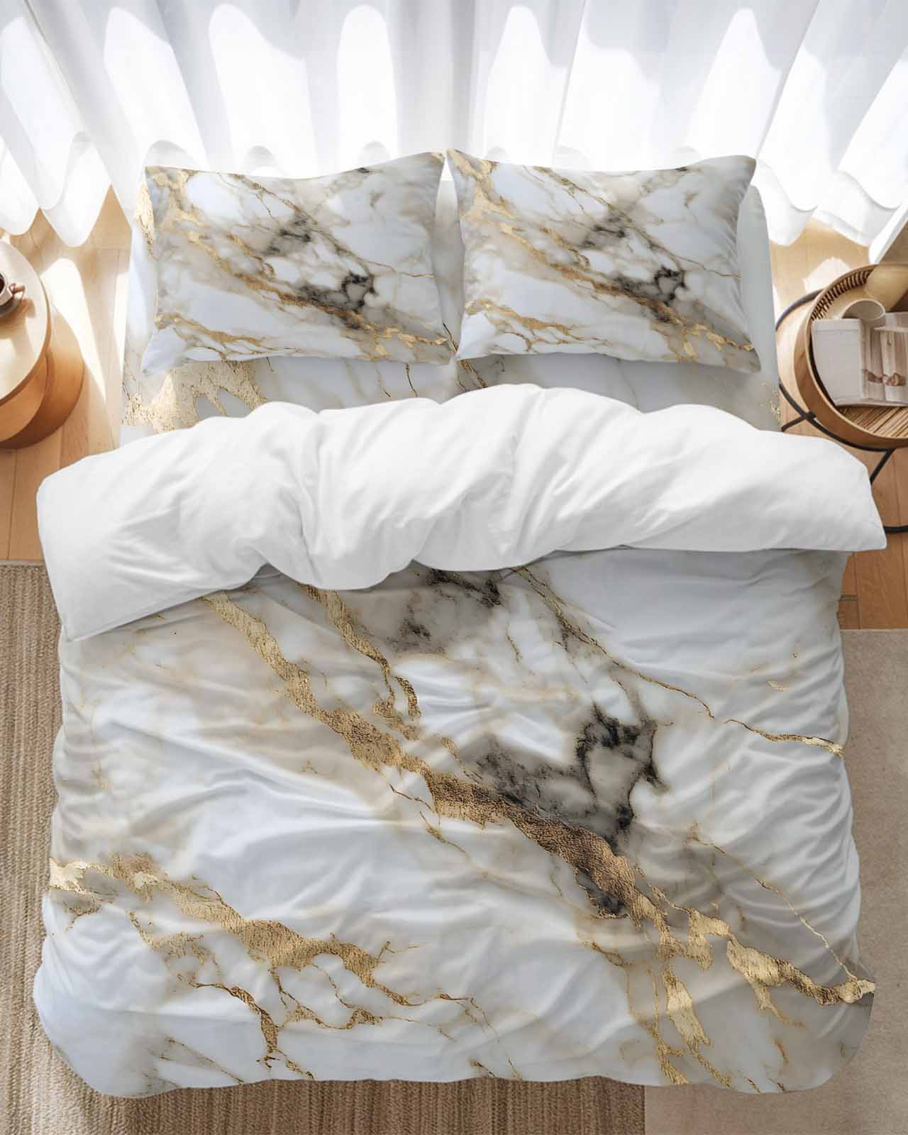 Abstract Art Bedding Duvet Cover Set Queen Size 4 Pieces White Marble ...