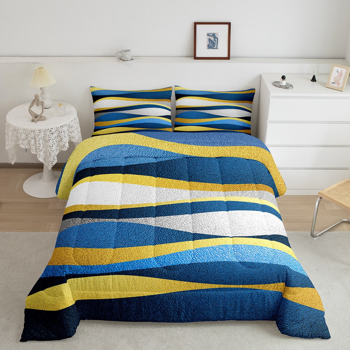 Abstract Art Bedding Set Gold Blue Yellow Striped Waves Geometry ...