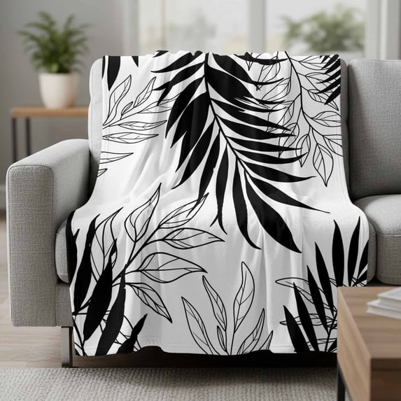 Abstract Art Black Leaves Fleece Throw Blanket Watercolor Leaf Modern ...