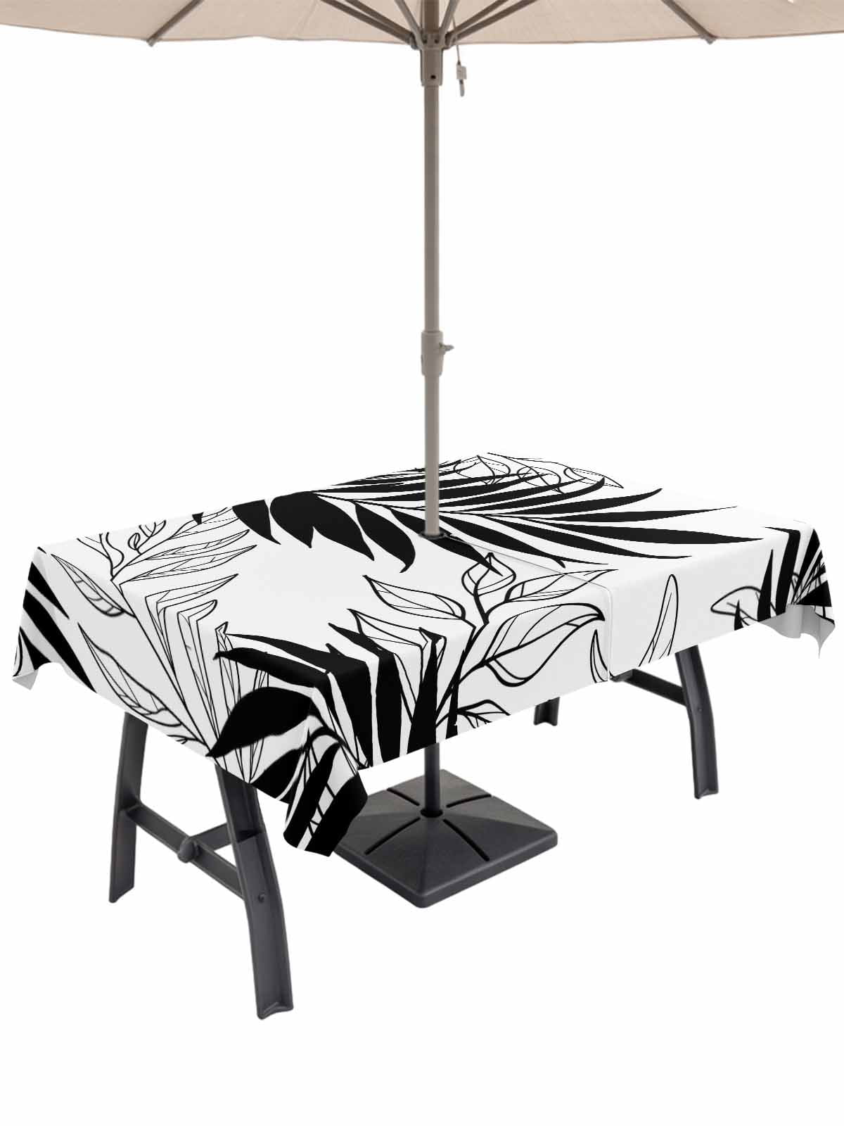 Abstract Art Black Leaves Rectangle Outdoor Tablecloth with Umbrella ...