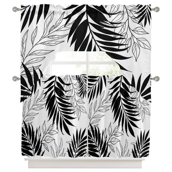 Abstract Art Black Leaves Swag Valance and Tier Set of 3, Watercolor ...
