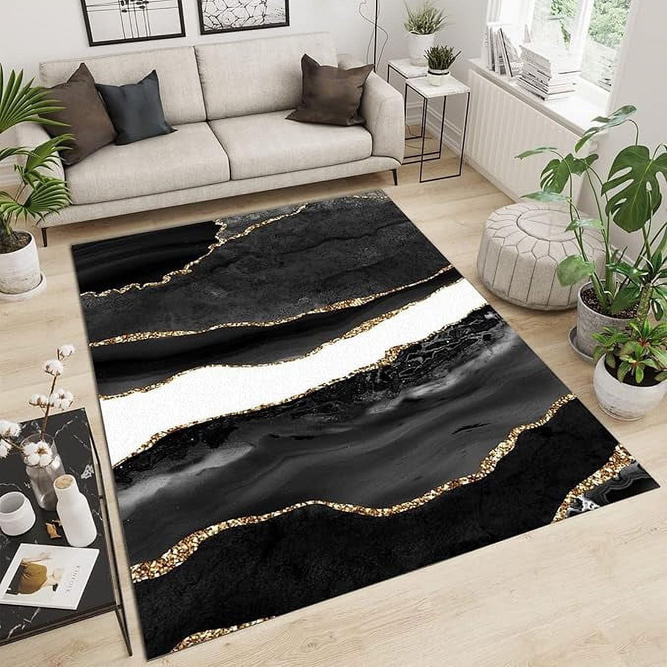Abstract Art Black And White Marble Area Rug, Modern Geometric Gilt ...