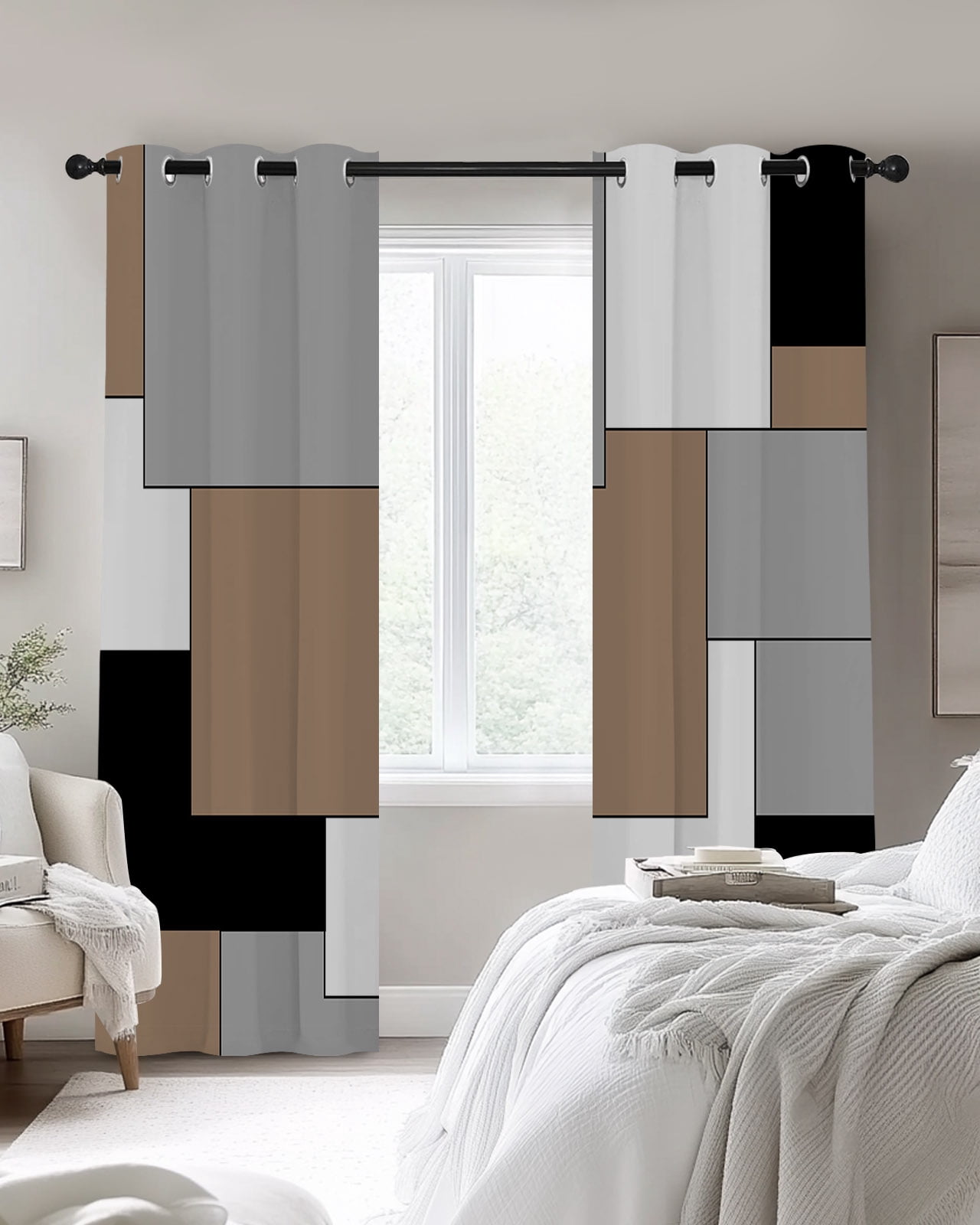 Abstract Art Blackout Curtains 2 Panels, Brown Black Gray Splice ...