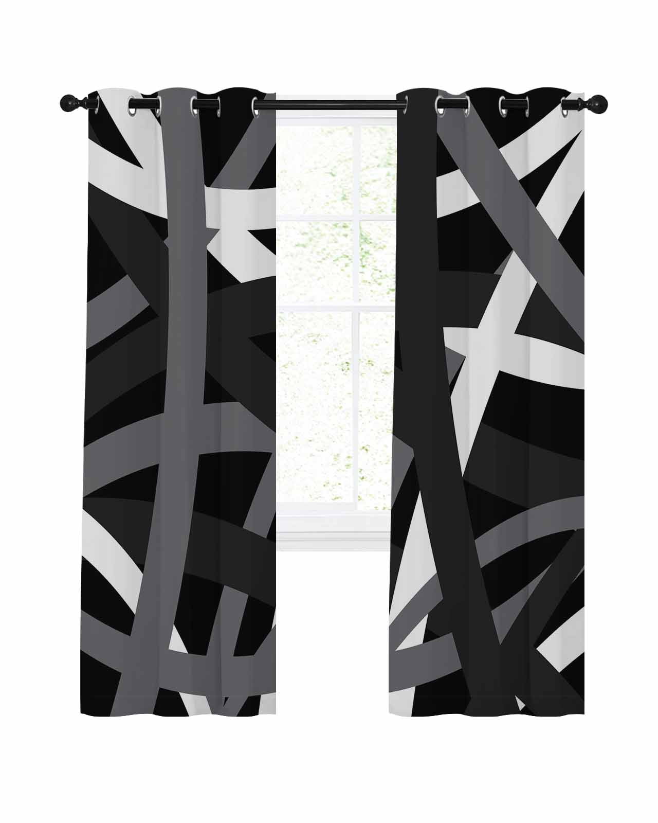 Abstract Art Blackout Curtains 63 Inch Length White Black Gray Line ...