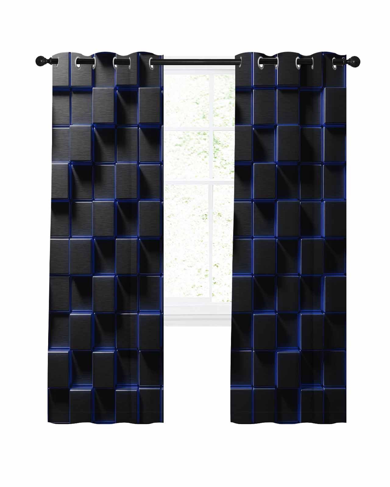 Abstract Art Blackout Curtains 96 Inch Length Black Blue Cubes Modern ...