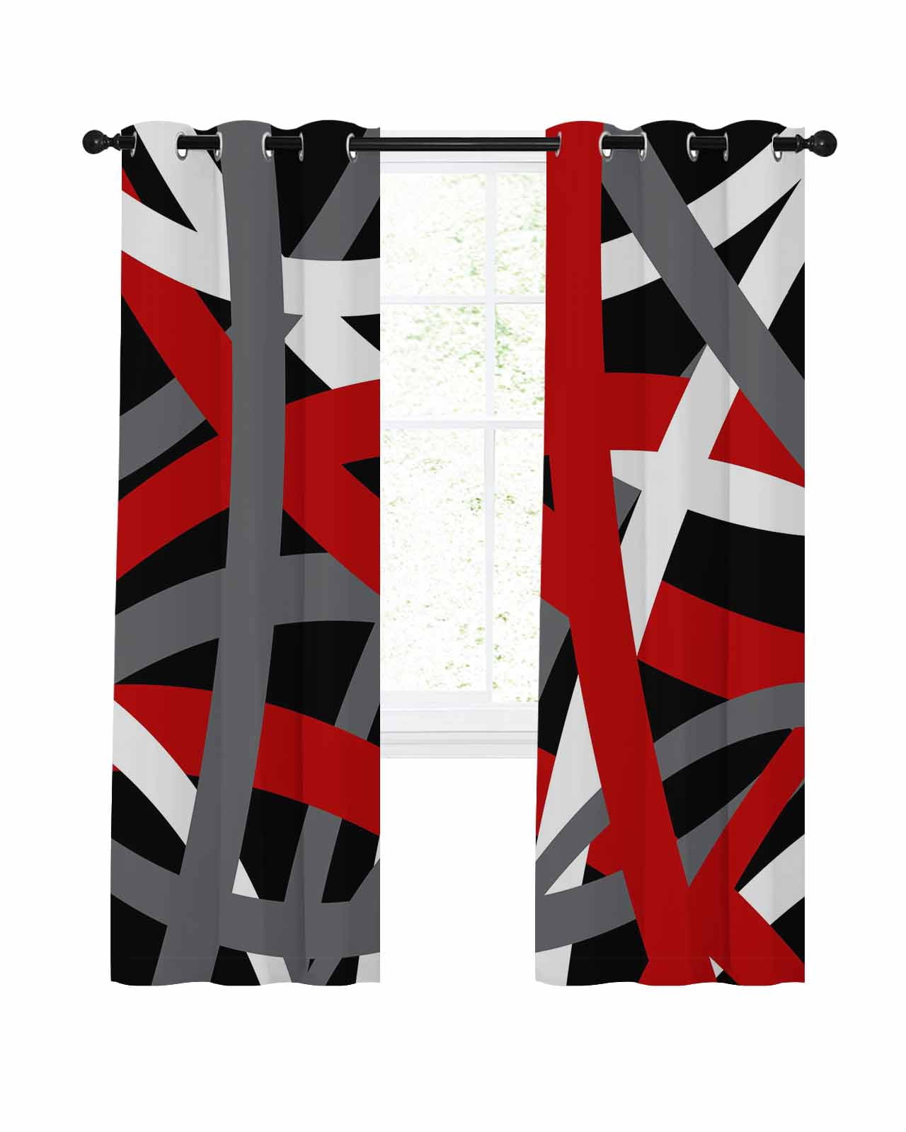 Abstract Art Blackout Curtains 96 Inch Length Red White Black Gray Line ...