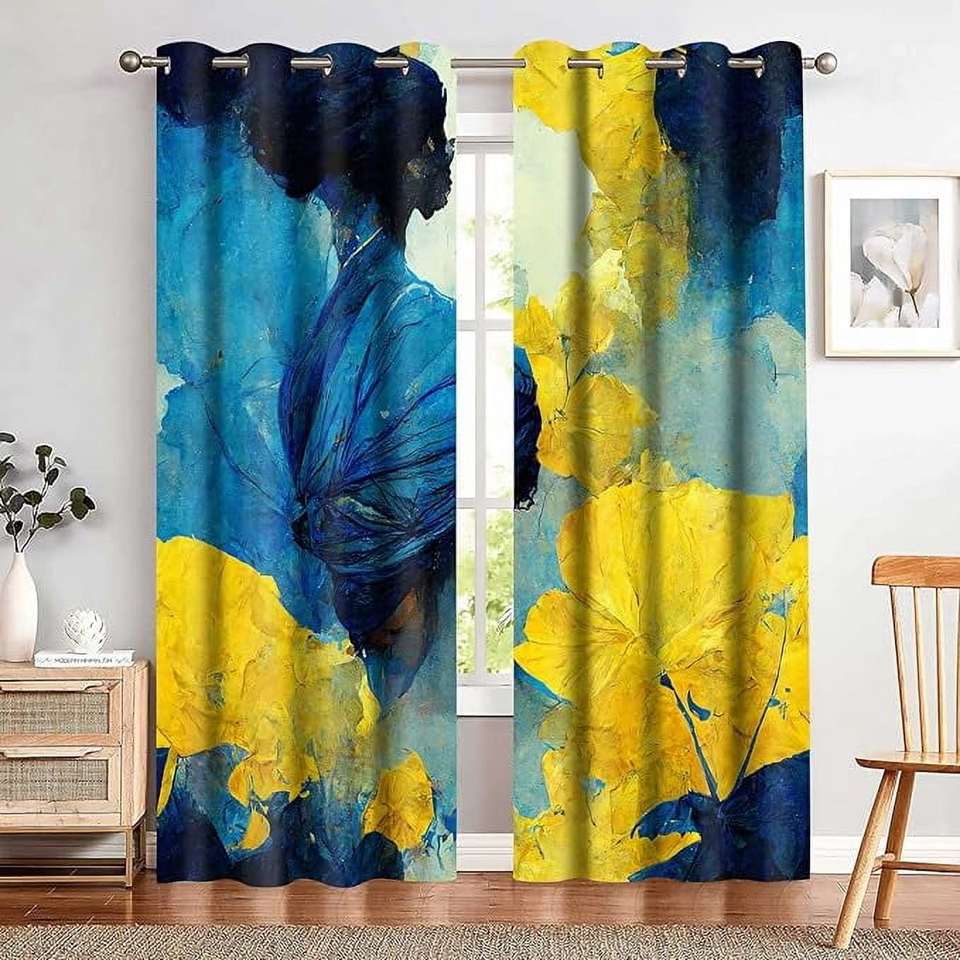 Abstract Art Blackout Curtains Modern Yellow Blue Printed Drapes ...