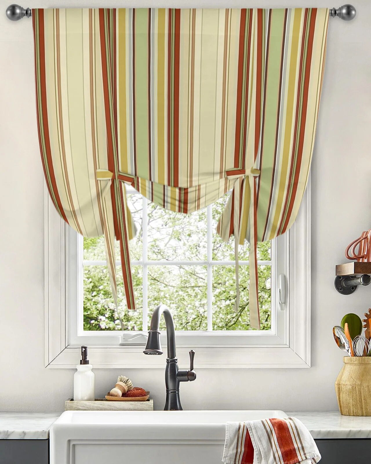 Abstract Art Brown Stripes Curtain for Living Room Kitchen Tie-up Short ...