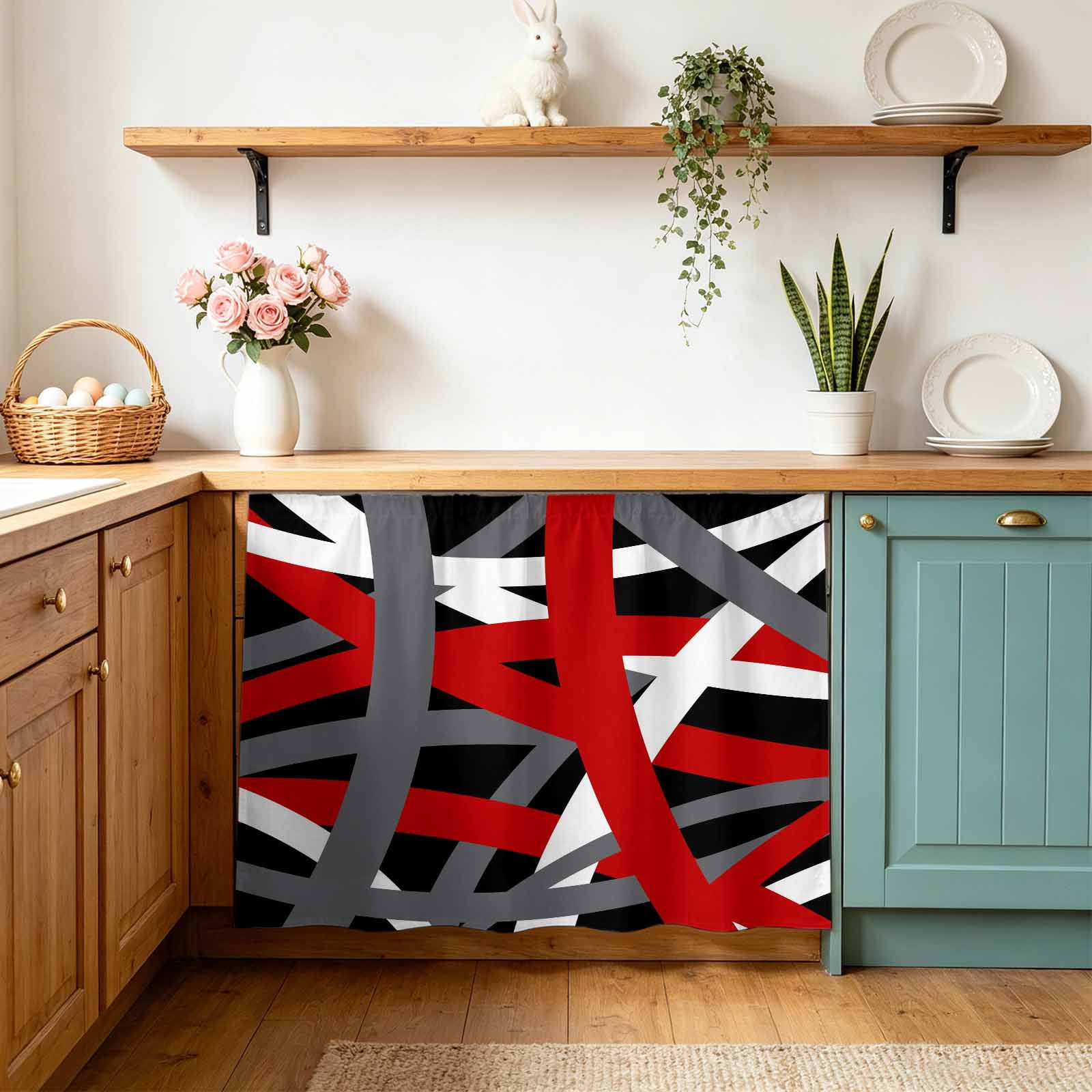 Abstract Art Cabinet Curtains 10" W x 11" L Red White Black Gray Line ...