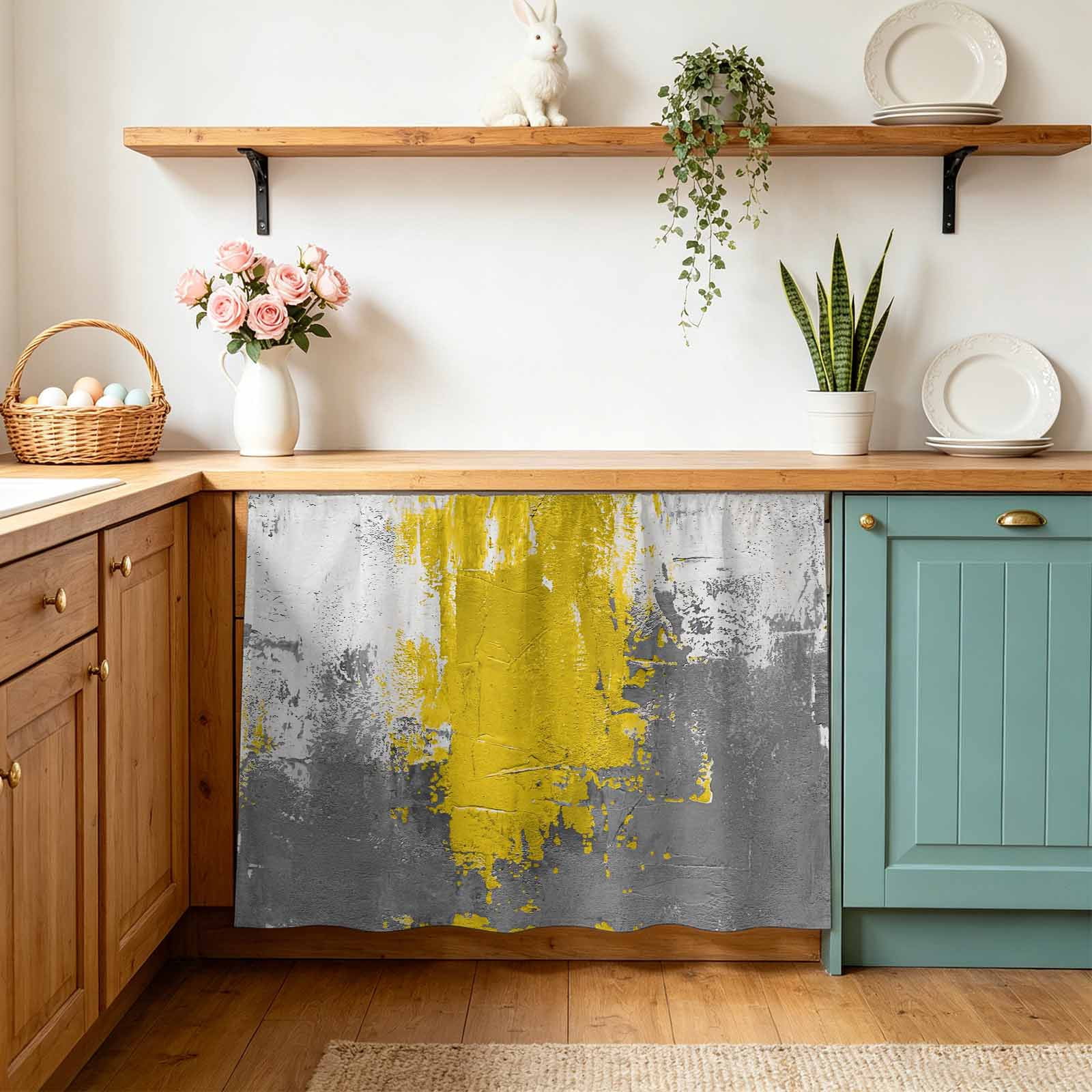 Abstract Art Cabinet Curtains 10" W x 11" L Yellow Grey Wall Mottled ...
