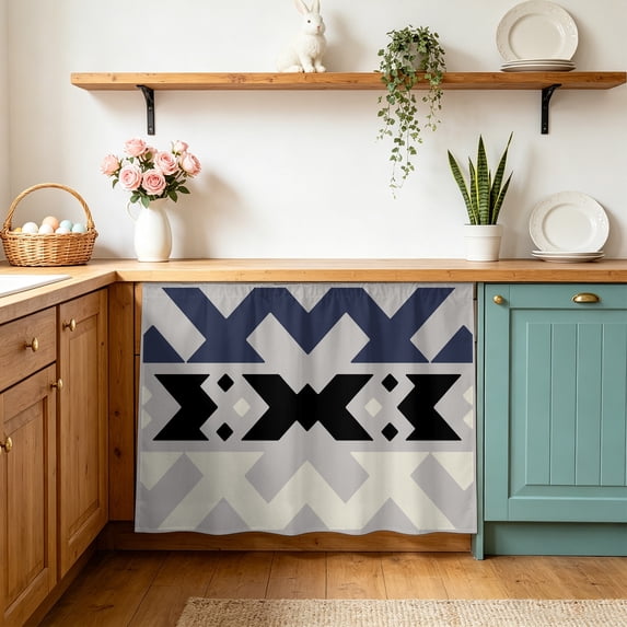 Abstract Art Cabinet Curtains 11" W x 13" L Blue Black Beige Line ...