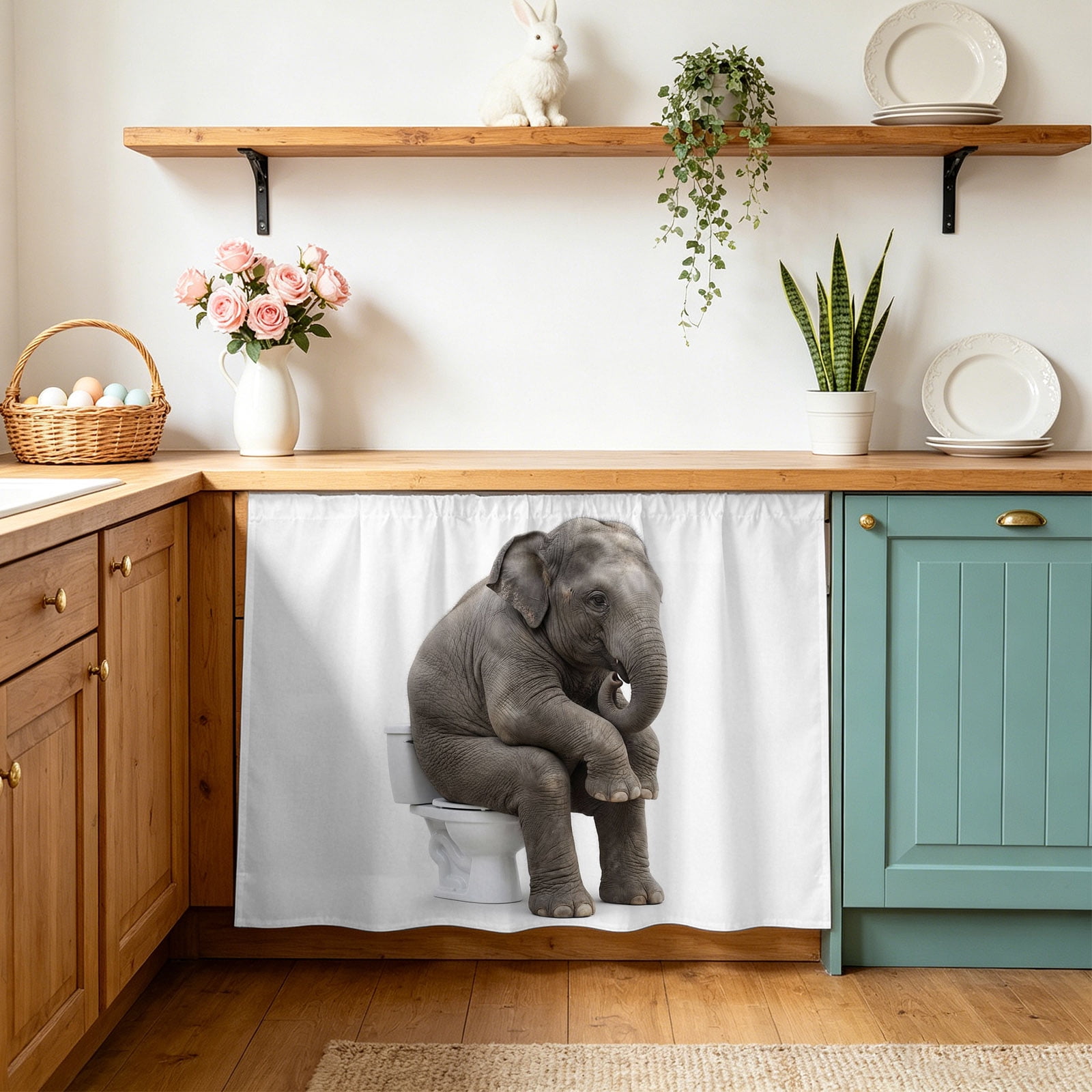 Abstract Art Cabinet Curtains 11" W x 13" L Funny A Thinking Elephant ...