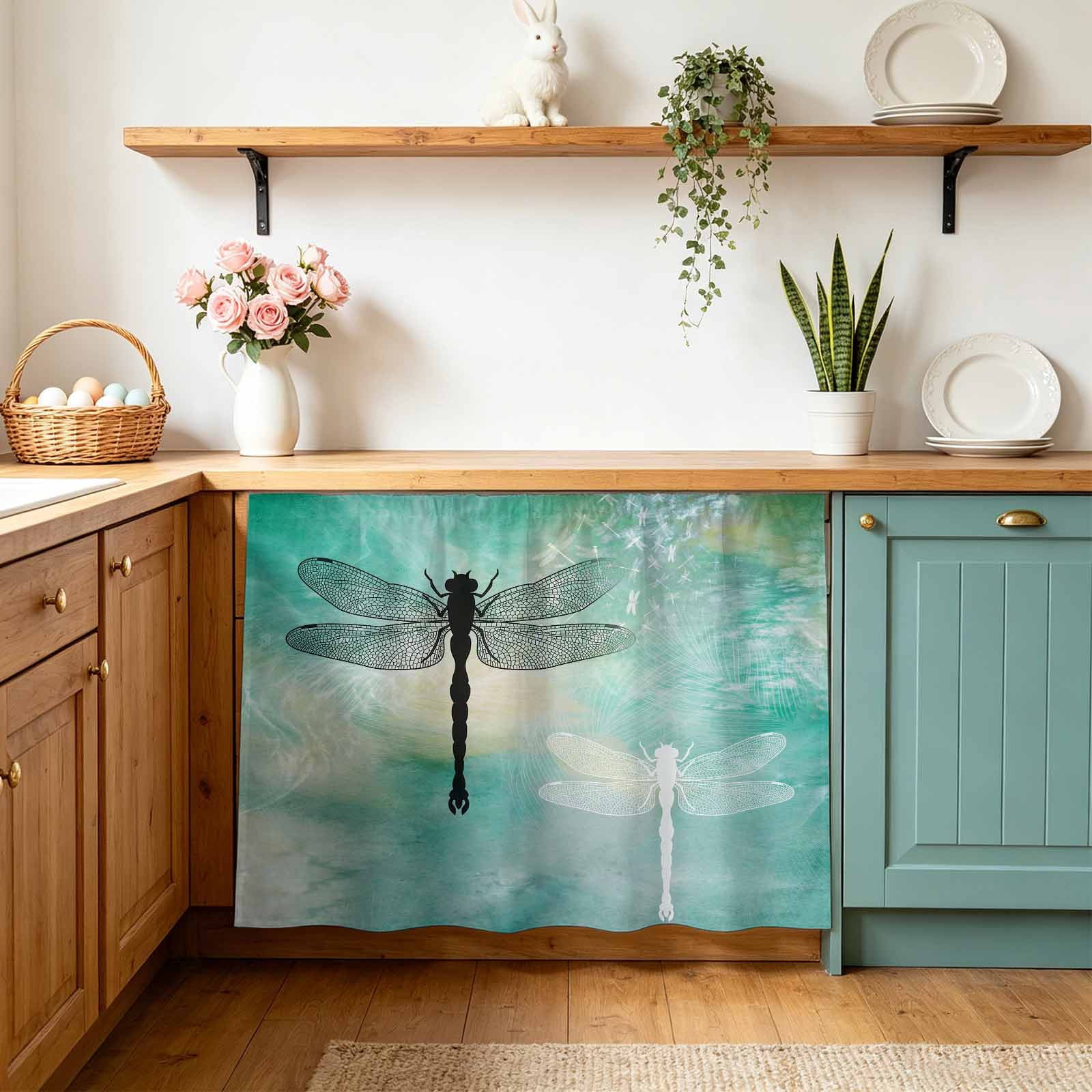 Abstract Art Cabinet Curtains 28" W x 35" L Black White Dragonfly Wings ...